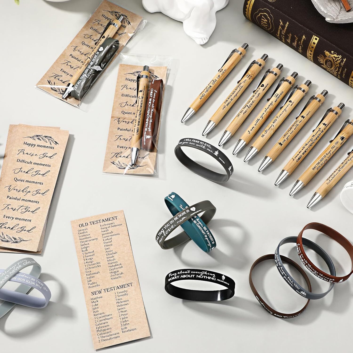 Bible Verse Bamboo Pens Christian Bookmarks and Silicone Wristband ...